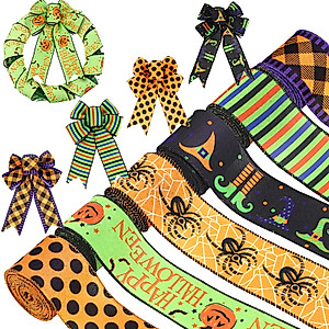 6 Rolls 30 Yards Halloween Wired Edge Ribbons Stripe Burlap Printed Ribbon Spider Web Pumpkin Ribbon Happy Halloween Decorative Wrapping Ribbon for Halloween DIY Craft Floral Bow
