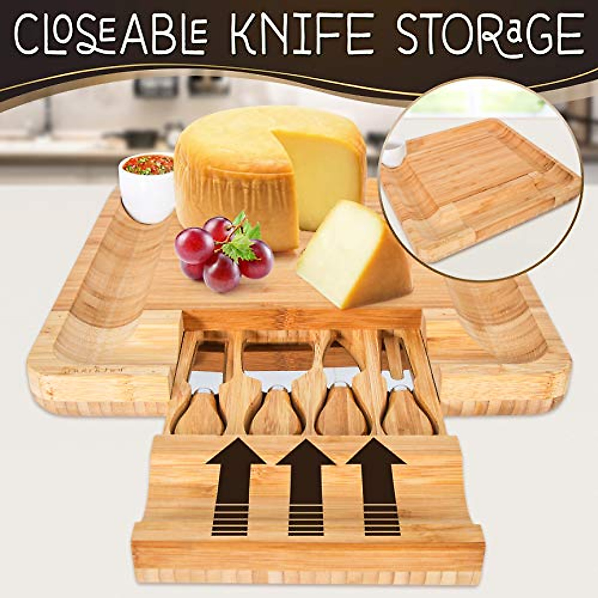 NutriChef Bamboo Natural Cheese Board Set with Bonus Condiment Cup-Extra Large Size 100% Home Organic Wooden Plate and Charcuterie Tray with 4 pcs Cutting Knife Slicer, 13" Square
