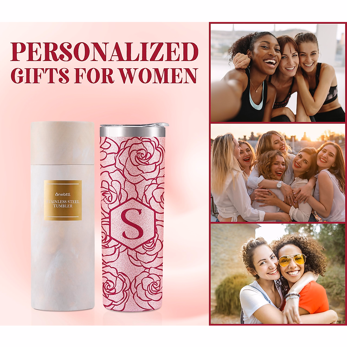 Onebttl Monogrammed Gifts for Women, Personalized Travel Mugs, Unique Coffee Tumbler with Initials for Her on Birthdays Christmas, Rose Gold, B