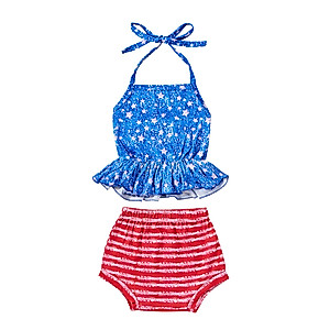 RSKK Toddler Baby Girls Sleeveless 4th-of-July Stars Striped Printed Shorts Outfits, Spring Summer Baby Casual SetsG26 Blue