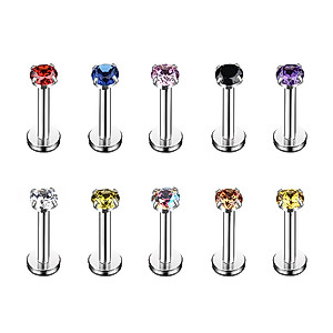 Ruifan 3mm Mix Color CZ Gem Internally Threaded Labret Monroe Lip Ring Tragus Nail Helix Earring Stud Barbell Piercing Jewelry 16G 10mm 10PCS