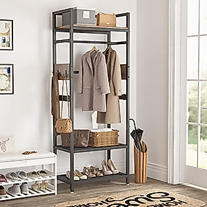 LITTLE TREE Clothes Rack with Shelves, Industrial Hall Tree Garment Rack Small Closet with Shoe Storage