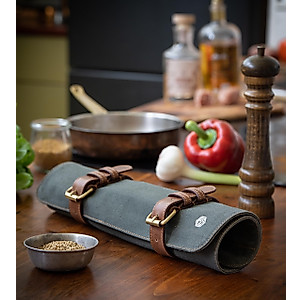 Knife Bag made of durable Canvas & genuine Leather - Chef's Knife Roll Case for Cooking & BBQ - Knives storage case Lars (Olive-Green)