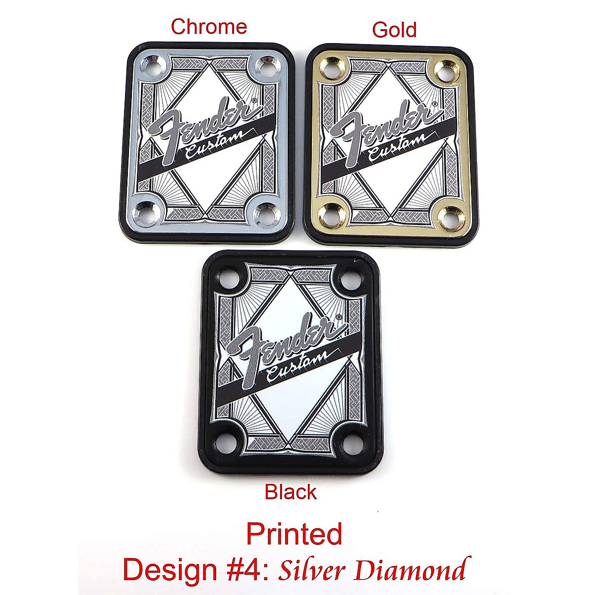 Standard 4 Bolt "Custom Built" Engraved or Printed Guitar Neck Plate - Choose from 4 designs - Silver, Gold or Black