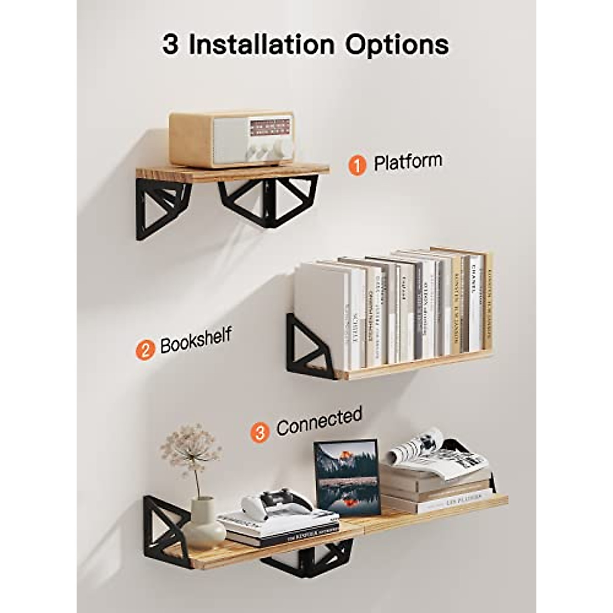 AMADA HOMEFURNISHING Floating Shelves Wall Mounted Storage Shelves Set of 4, Rustic Solid Wood Wall Shelves for Bedroom/Living Room/Bathroom/Kitchen/Office, AMFS27