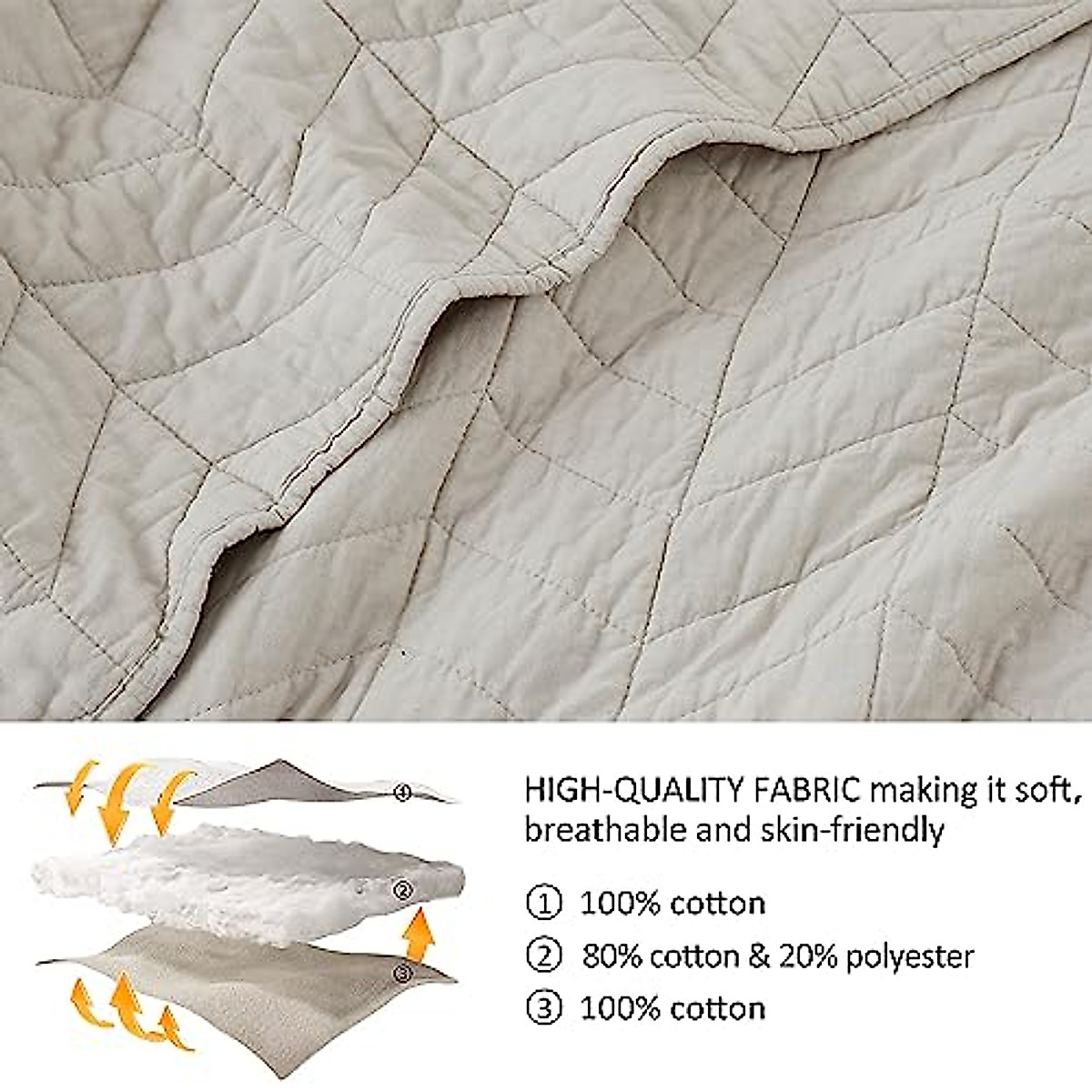 Beige 100% Cotton Quilt California Cal King Size Bedding Sets with Pillow Shams, White Oversized Lightweight Soft Bedspread Coverlet, Tan Cream Bed Cover for All Season, 3 Pieces, 118x106 inches