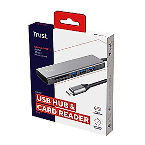 Trust 24191 Halyx Fast USB-C Hub and Card Reader, 3 Extra Ports, 5Gbps with USB 3.2 Gen 1, SD and Micro-SD Card Reader 104 MB/s, (Micro) SD, SDHC and SDXC up to 2 TB