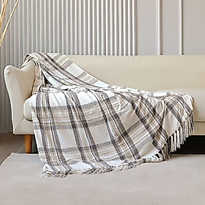 Taupe Grey and White Plaid Decor Tartan Blanket, Lightweight Soft Chenille Striped Knitted Rustic Farmhouse Throw with Tassels for Couch Sofa Chair Bed Office Home, 50" x 60"