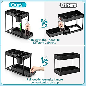 Under Sink Organizers and Storage, Adjustable Height Sliding Drawer 2 Tier Cabinet Organizer with Pull Out Drawer/Hook/Cup/Dividers for Bathroom Kitchen (Black)