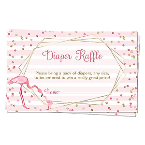 Baby Shower Diaper Raffle Tickets Diaper Wipes Raffle Ticket Insert Request Prize Flamingo Pink Gold Sparkle Girl Tropical Summer Stripes Card (50 Count)