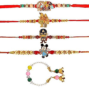 SATVIK Set of 5 Rakhi Family Combo 2 Bhaiya +1 Bhabhi Lumba + 2 rakhi for Brother Bhaiya Bhabhi Traditional Handmade Assorted Designer Rakhi Set Roli Chawal, Greeting Card & Sita-Ram Sticker