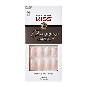KISS Classy French Nail Manicure Kit with Gel Finish, Medium, Coffin Shaped, “Cozy Meets Cute”, Nail Kit Includes Pink Nail Glue (Net Wt. 2 g / 0.07oz.), Mini File, Manicure Stick, and 28 Fake Nails