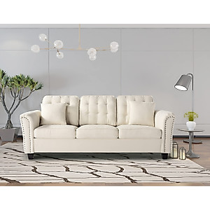 Lepfun Chesterfield, 86.6” Flare Sofa, Tufted 3 Seater Furniture, Velvet Couch with Scroll Arms and Nailhead for Living Room, Bedroom, Office, Apartment (Beige)