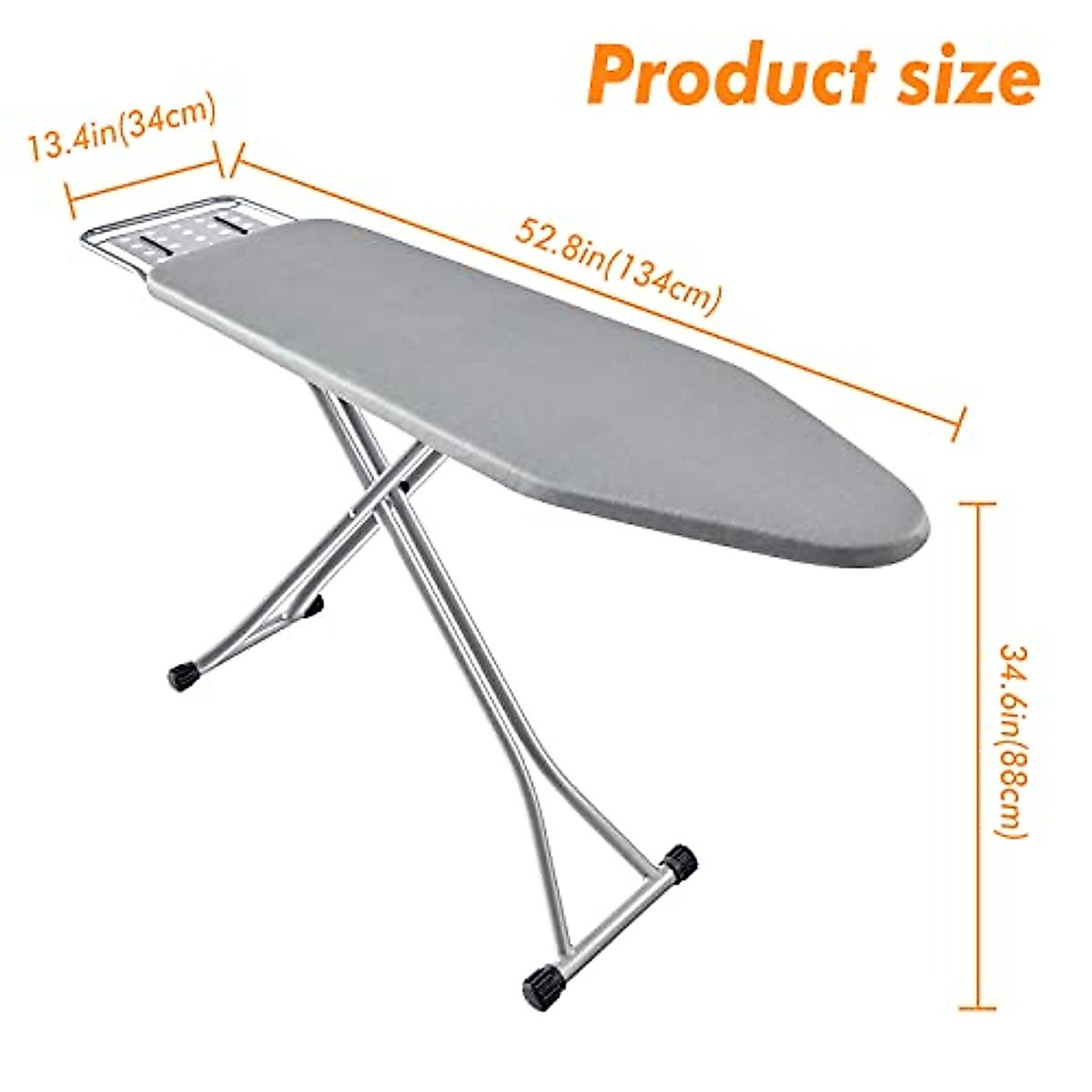 BKTD Ironing Board, Heat Resistant Cover Iron Board with Steam Iron Rest, Non-Slip Foldable Ironing Stand. Heavy Sturdy Metal Frame Legs Iron Stand(13 * 34 * 53 Inches) Silver Gray Color