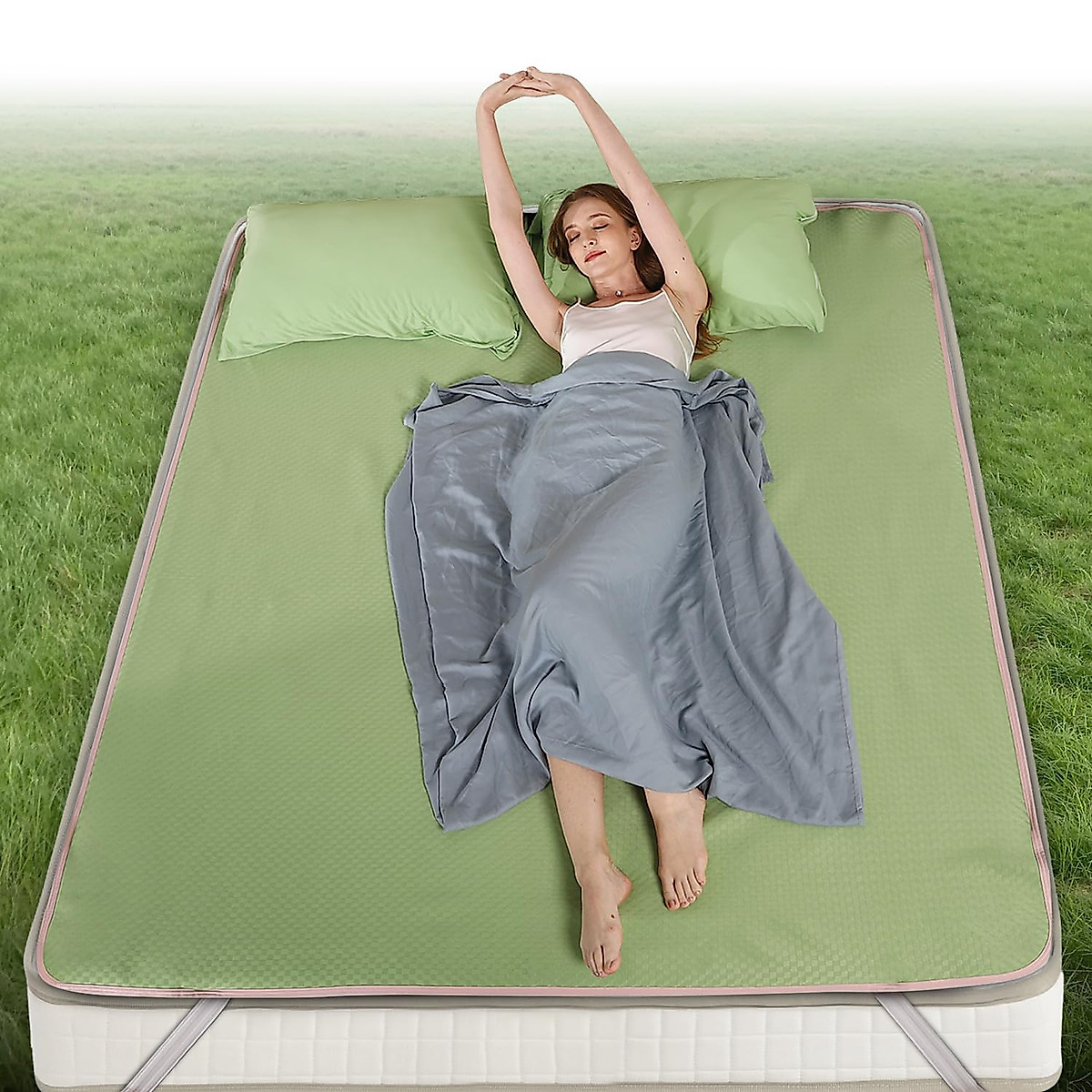 QUILTINA Cooling Sleeping Mat Set with 2 Pillowcases, Good Heat Conduction Mattress Topper Pad for Summer Hot Sleepers, Comfort Soft Nonslip Matting Cover for All Seasons, Green, King 78x80 in