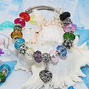 Guoxin Large Hole Glass Beads Murano Glass Beads Assorted Faceted European Lampwork Spacer Loose Bracelets Beads Silver Plated Cores Charms for DIY Crafts Jewelry Making 50 Pcs Mixed