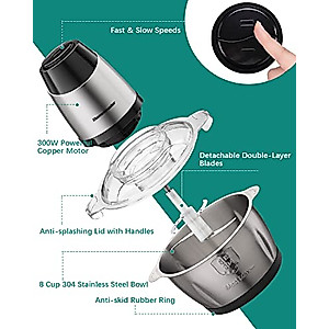 Meat Grinder Electric Food Chopper Processor by Homeleader 8 Cup Chicken Grinder Chopper with Stainless Steel Bowl for Lean Ground Meat Vegetables Fruits Nuts Ice Fast and Slow 2 Speeds 4 Sharp Blades Pure Copper Motor