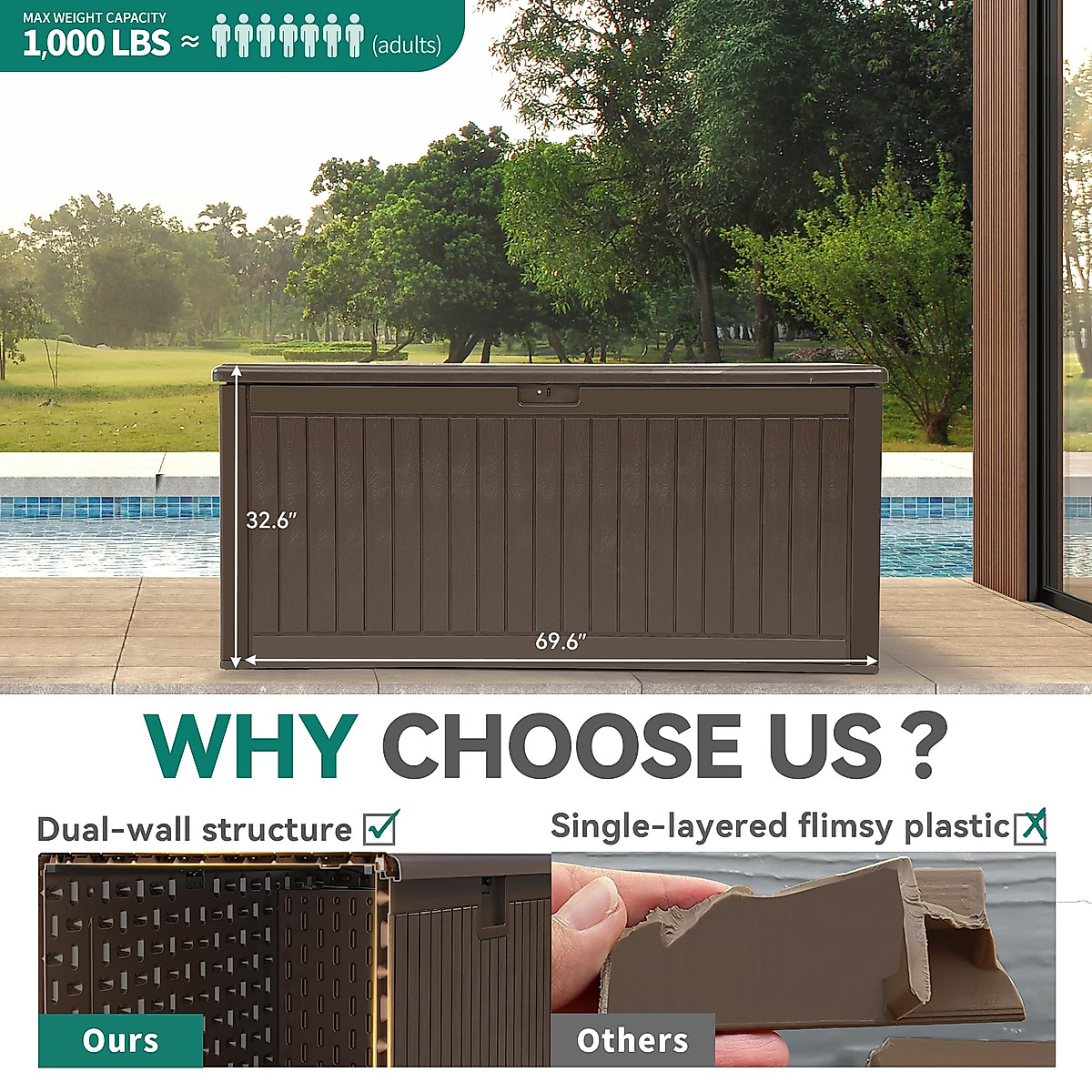 YITAHOME 260 Gallon Double-Wall Deck Box with Divider & Side Handles, Outdoor Large Storage for Patio Furniture Cushions, Garden Pool Accessories, Water Resistant & Lockable