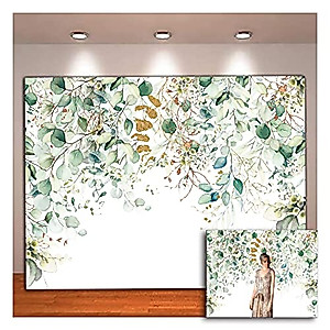 Gold and Green Eucalyptus Leaves Photography Background Spring Still Life Grass Leaf Background Prom Group Photo Backdrops for Wedding Baby Shower Birthday Party Decor Banner 7x5ft