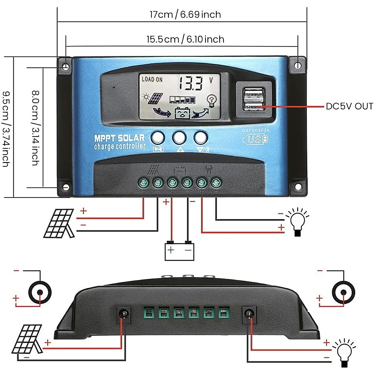 100A MPPT Solar Charge Controller 12v/24v Current Auto Focus MPPT Tracking Charge with LCD Display Dual USB Solar Regulator Charge Controller Multiple Load Control Modes