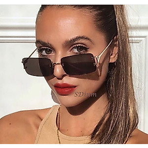 SDinm Rimless Sunglasses 90s Frameless Rectangle Tinted Lens Eyewear Red Sunglasses for Women Men