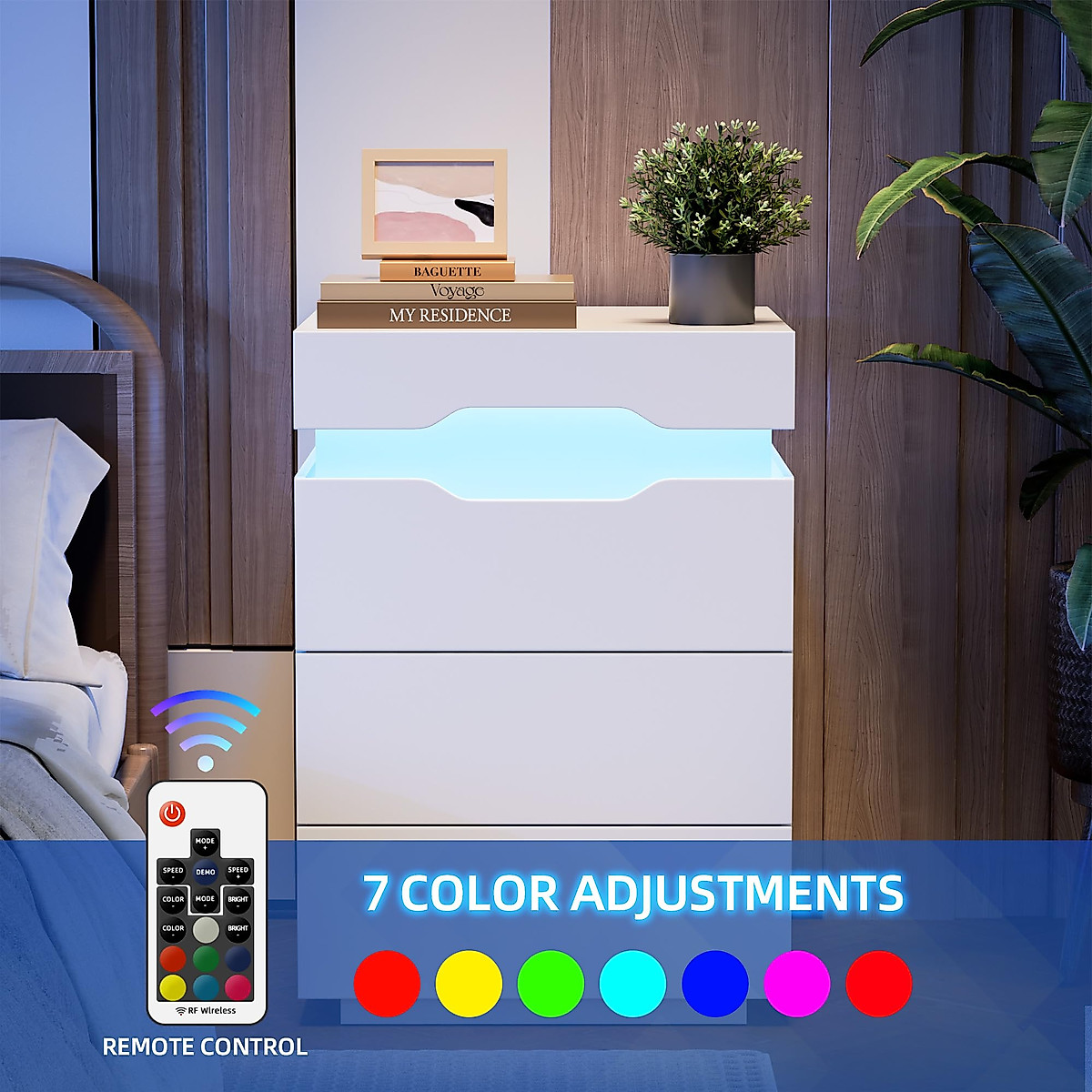 Furniwell LED Nightstand with Charging Station, End Table with 3 Drawers, Night Stand Bedside Table with Sliding Top for Bedroom and Living Room, White