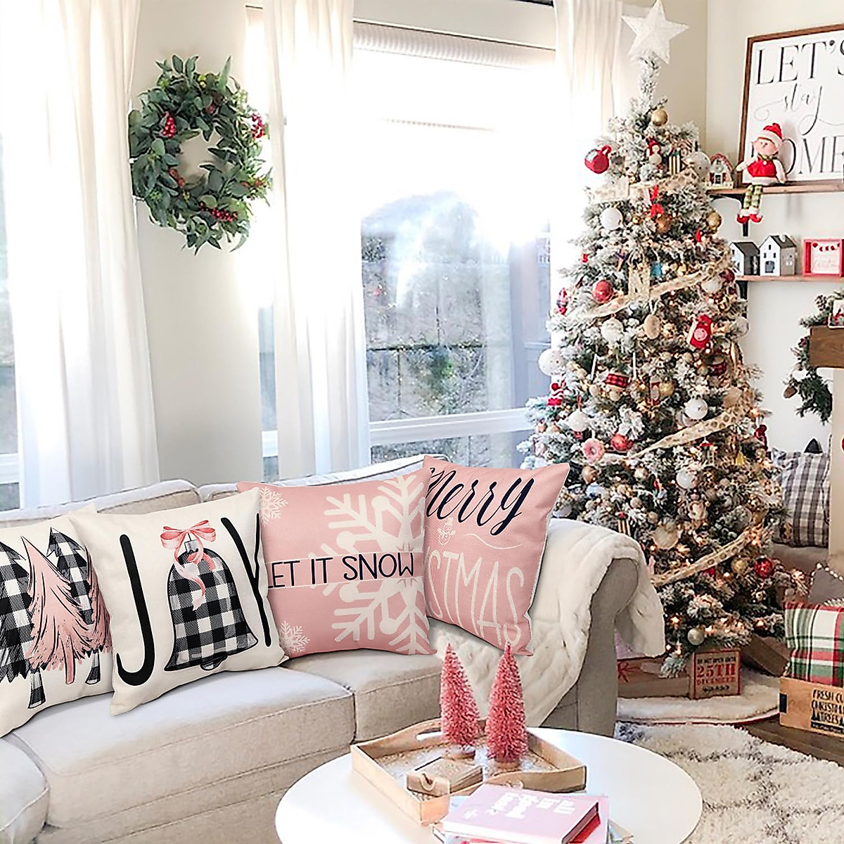 Geefuun Rose Gold Christmas Pillow Covers 18 x 18 Decorations Indoor Home Pink Decor Set of 4 - Xmas/Holiday/Winter Bedroom Decorative Pillowcase for Couch, Bed（No Fillers）