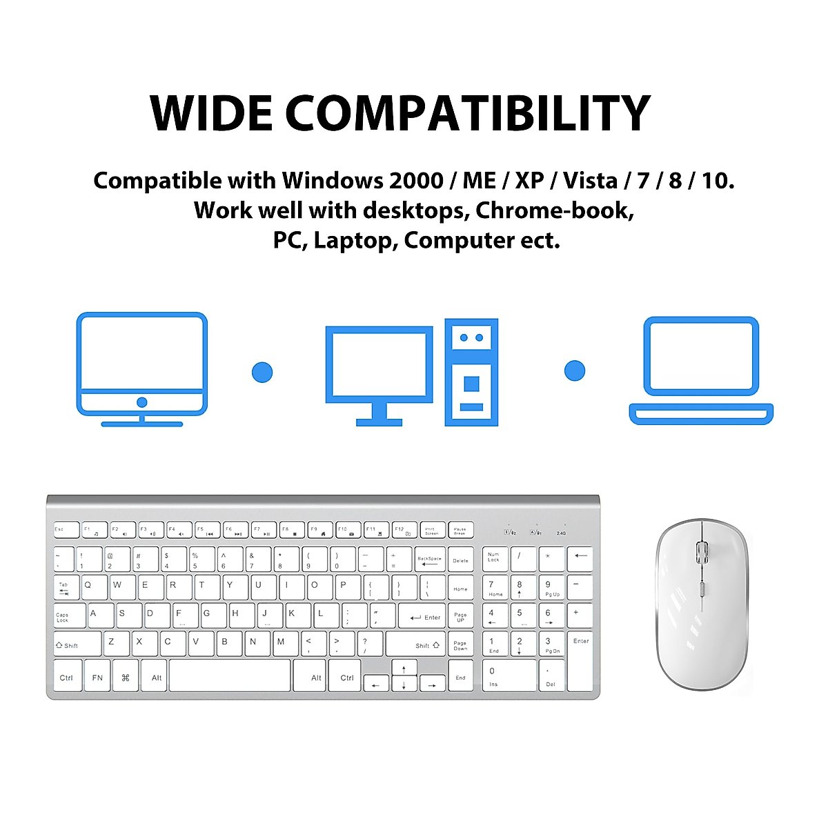 Wireless Keyboard Mouse, JOYACCES 2.4G Compact and Ultra Slim Wireless Keyboard and Mouse for Windows, Computer, Desktop, PC, Laptop-Sliver
