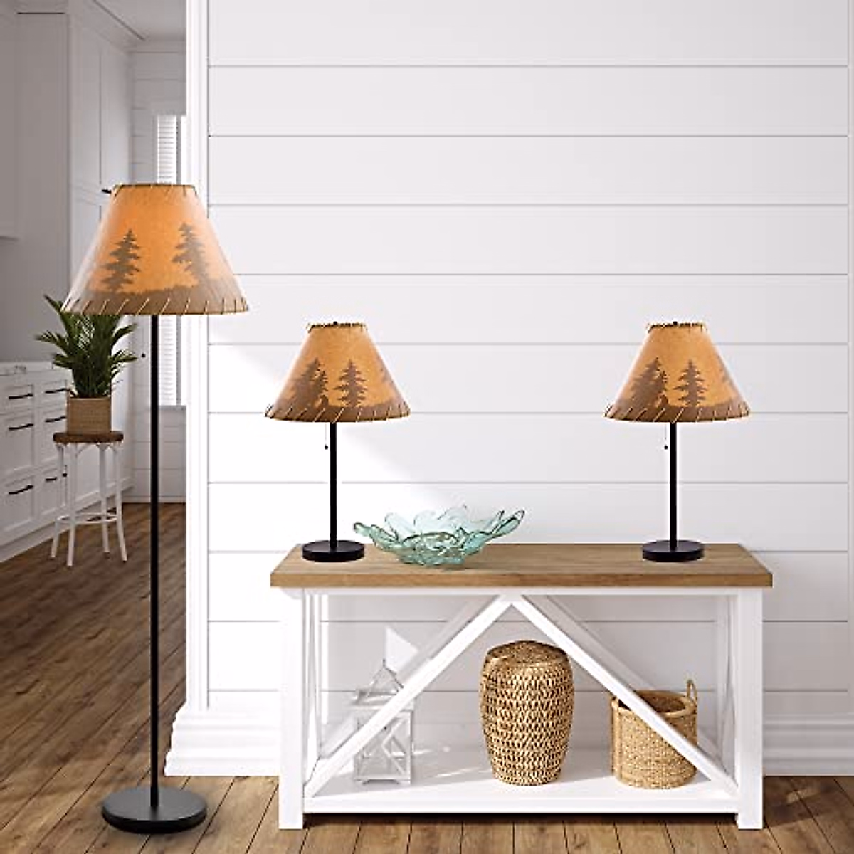 Catalina Lighting 58" Rustic Cabin Lodge 3-Piece Table & Floor Lamp Set with Pull Chain, Forest Print