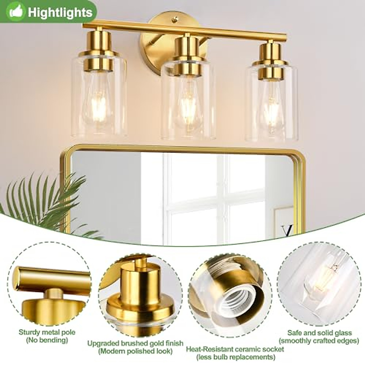 3-Light Gold Bathroom Light Fixtures, Modern Bathroom Vanity Light with Clear Glass Shade, Brushed Gold Bath Wall Mount Lights, Wall Lamp for Mirror Kitchen Bedroom Hallway Living Room Hallway