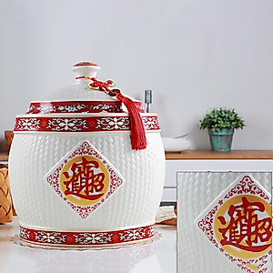 DXYLFFF Classic Food Dispensers Ceramic Rice Bucket with Tassel Design, Household Rice Storage Box with Lid, Chinese Sealed Large-Capacity Rice Pot, 4-12.5KG/141-441 OZ
