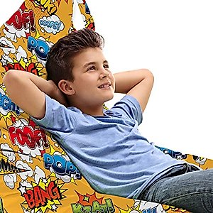 Lunarable Cartoon Lounger Chair Bag, Different Pattern Retro Comic Sound Effects in Clouds Art Image, High Capacity Storage with Handle Container, Lounger Size, Pale Orange and Multicolor