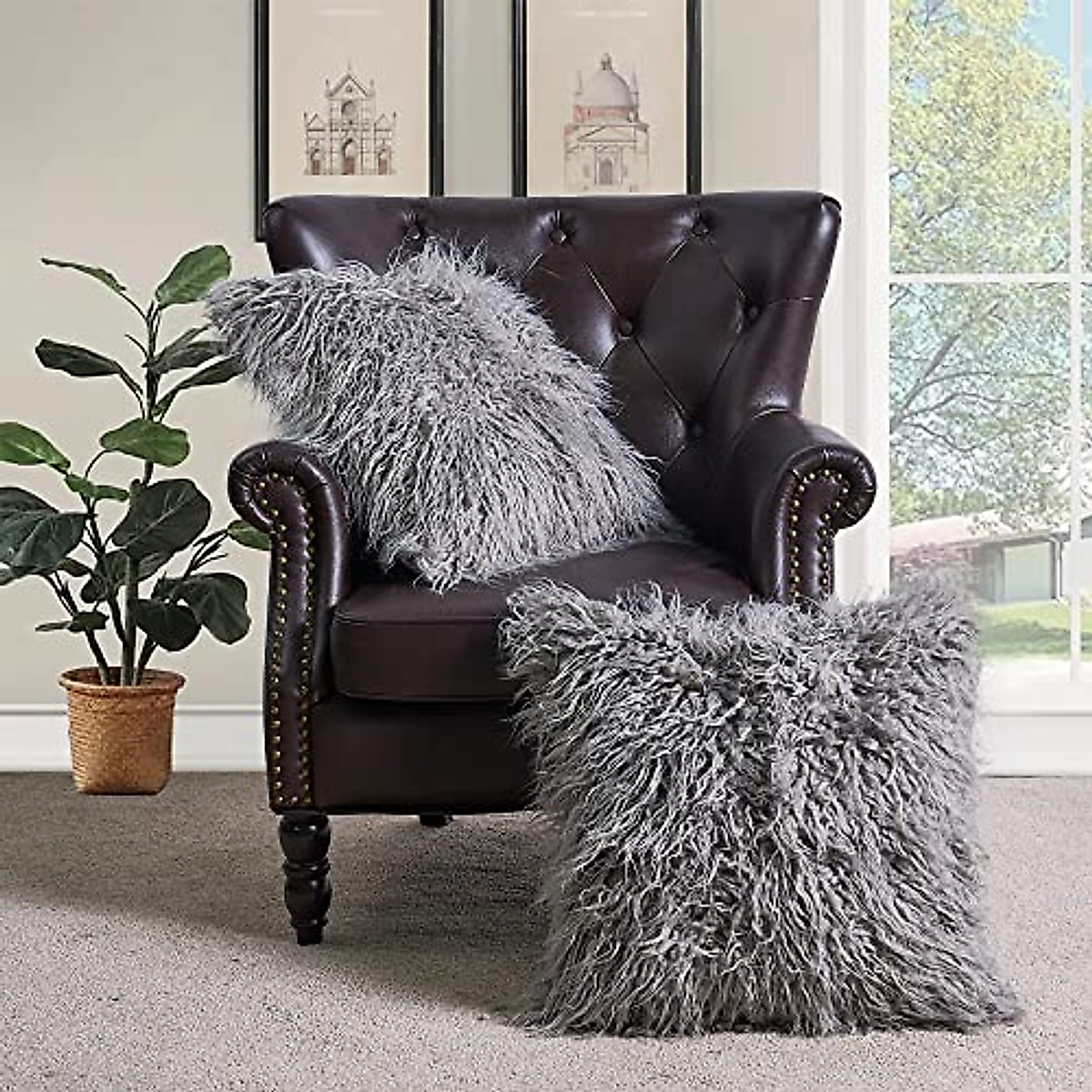 BYTIDE Mongolian Long Hair Faux Fur 50" x 60" Plush Throw Blankets with Two 20" x 20" Pillow Covers (NO Inserts) 3 Piece Set, Soft Luxury Furry Shaggy Throw with Micromink Back for Couch Bed, Gray