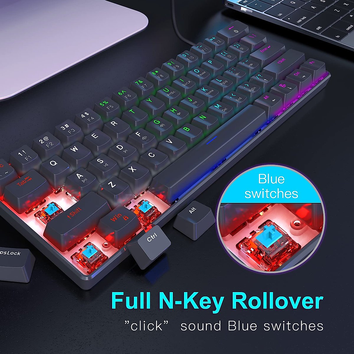 RAZEAK Portable 60 Percent Mechanical, Compact 61 Keys Mini Gaming Keyboard for PC/Mac Gamer Switchable Colorful RGB Backlit, Small Keyboard for Computer/Laptop - Blue Switch - Black
