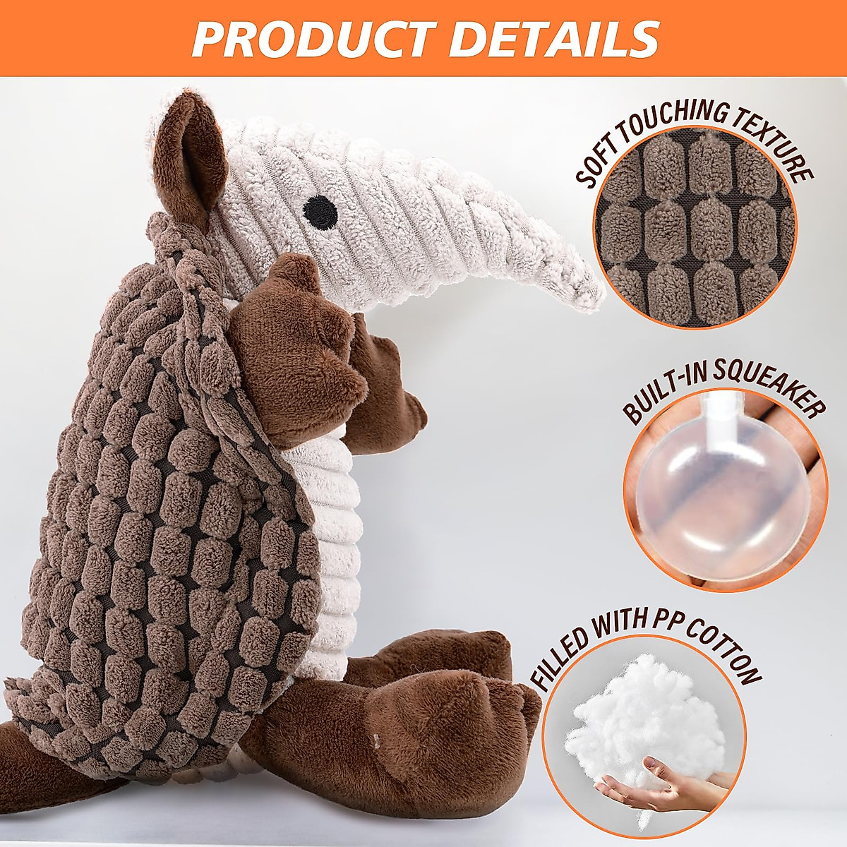 PLYFOU Squeaky Dog Toys, 12 Inch Plush Dog Toys, Stuffed Toys for Small Medium Large All Breed Sizes Dogs, Big Armadillo Animals Toy, Puppy Chew Toy with Clean Teeth, Brown