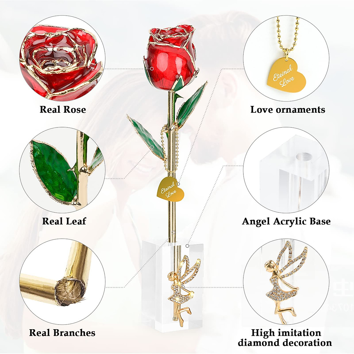 24k Gold Dipped Real Rose, for Her/Girlfriend, Forever 24k Rose with Crystal Stand, Handmade Gifts for Women Wife Mom on Valentines Day Birthday Anniversary Mother's Day