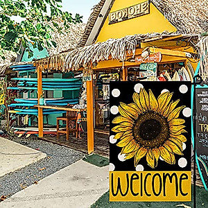 CROWNED BEAUTY Summer Garden Flag Sunflower 12x18 Inch Small Double Sided for Outside Black Polka Dots Welcome Yard Flag
