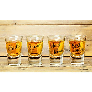 Lillian Rose Bride, Groom, Maid of Honor, and Best Man Shot Glass Set, 4 Count (Pack of 1), Clear