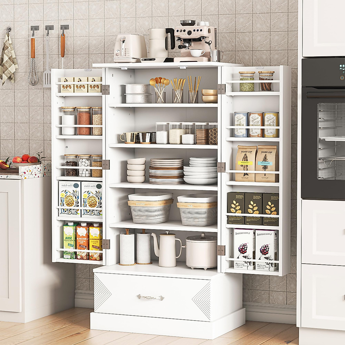 Bigbiglife 47" Kitchen Pantry Cabinet, Kitchen Storage Cabinet with Doors and Adjustable Shelves, Freestanding Buffet Cupboards with Drawer for Kitchen, Living Room and Dining Room, White