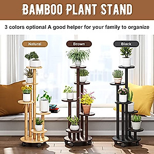 FILWH 5 Tier Plant Stand For Outdoor Indoor Tall Bamboo Movable Flower Stand With Wheels Plant Shelf Pot Holder Plants Corner Display Rack Multiple Planter For Living Room Balcony Garden Patio(Brown)