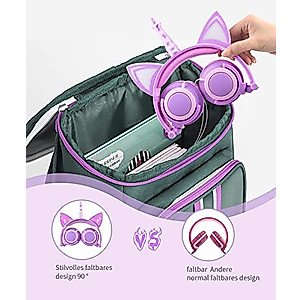 LOBKIN Unicorn Kids Headphones Cat Ear, Wired Toddler Headphones with LED Light Up, 85dB Volume Limited, Foldable 3.5mm Jack Girls Headphones for School/Travel/iPad/Tablet - Purple