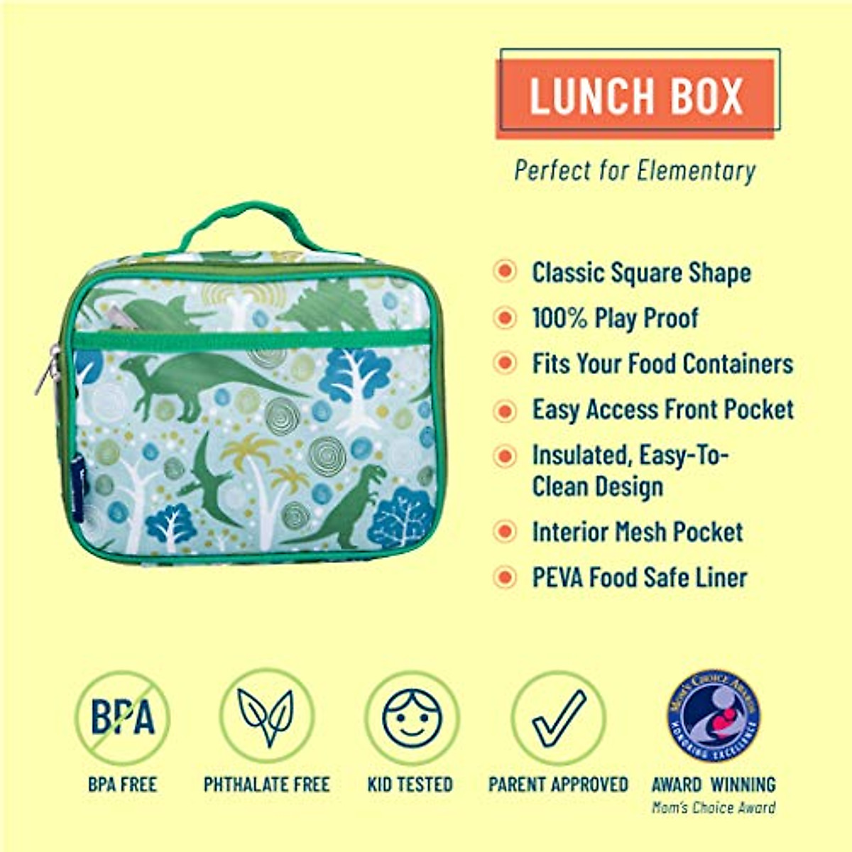 Wildkin Kids Insulated Lunch Box Bag for Boys & Girls, Reusable Kids Lunch Box is Perfect for Early Elementary Daycare School Travel, Ideal for Hot or Cold Snacks & Bento Boxes (Dinomite Dinosaur)