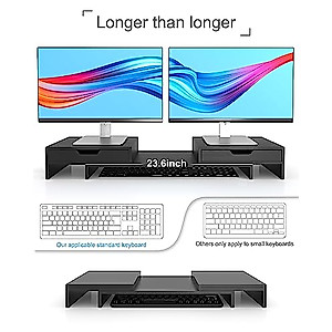 Epesoware Dual Monitor Stand Riser with Adjustable Length and Angle, Bamboo Computer Riser with 2 Extra Drawers, Desk Organizer for Laptop, Computer No Assembly Required
