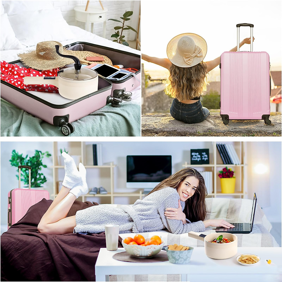 Multifunctional Electric Hot Pot Cooker, Upgraded Non-Stick Stainless Steel 1L Mini Portable Lazy Pot Popcorn Ramen Maker for Steak Egg Soup Travel with Long Handle Power Adjustment milky white