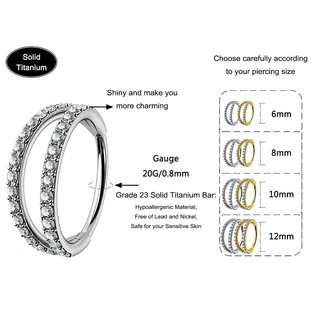 OUFER Nose Rings Hoops, 20G G23 Solid Titanium Nose Piercings, Double Row Diamonds Hoop Nose Ring, Double Nose Ring for Single Piercing, Conch Helix Daith Lip Piercing Jewelry-Silver 8MM