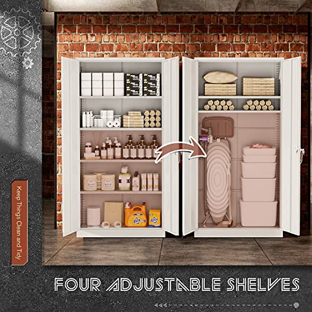 Greenvelly White Metal Storage Cabinet, 72" Locking Storage Cabinets with Doors and 4 Shelves, Tall Tool Storage Cabinet for Garage, Steel Lockable File Cabinet Metal Locker for Home Office, Classroom