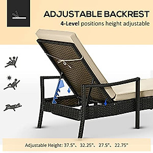 Outsunny Wicker Chaise Lounge, 4 Position Adjustable Backrest and Cushions Outdoor Lounge Chair PE Rattan Sun Lounger for Poolside, Balcony or Garden, Beige