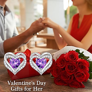 Iefil Earrings for Women, 925 Sterling Silver February Birthstone Purple Amethyst Heart Stud Earrings for Women Wife Mothers Day Anniversary Valentines Day Birthday Gifts for Women Jewelry