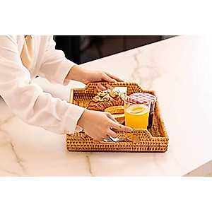 Hand-Woven Rattan Serving Tray with Handles for Breakfast, Drinks, Snack for Dining /Coffee Table (14.5 inch (37 cm), Rectangular)