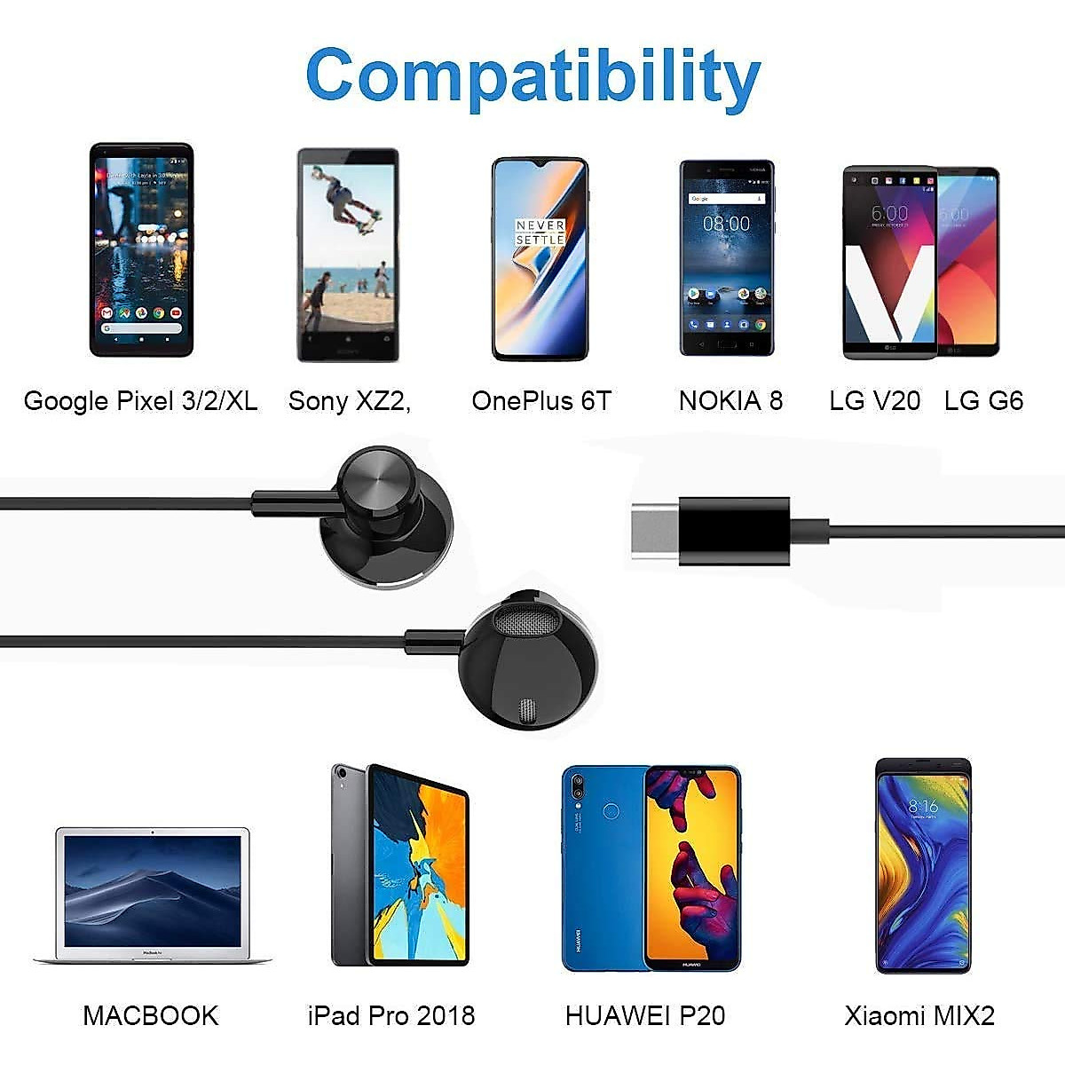 Urban Extreme USB Type C Earphones Stereo in Ear Earbuds Headphones with Microphone Bass Earbud with Mic and Volume Control Compatible with Samsung Galaxy S20 5G UW - Black (US Version with Warranty)